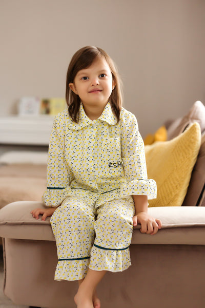 Girls' Lemon Print Cotton Pajamas - Personalized Embroidery
